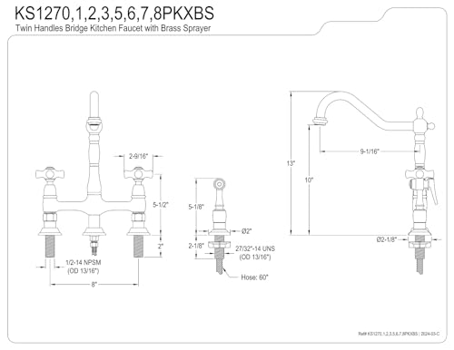 Kingston Brass KS1278PKXBS Duchess 8 inch Centerset Kitchen Faucet with Brass Sprayer, 8-3/4 inch In Spout Reach, Brushed Nickel