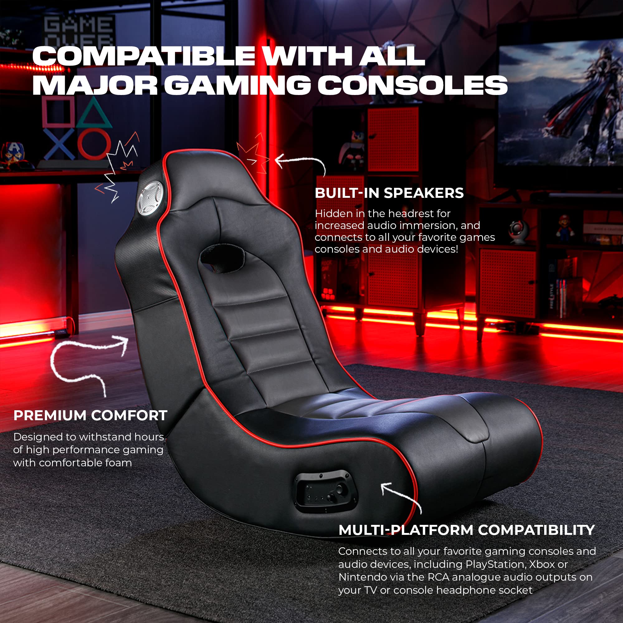 X Rocker Surge Video Gaming Floor Chair with Built-In Wireless Bluetooth Audio, Foldable, Padded Backrest, Faux Leather, 275 lbs Max, Black and Red