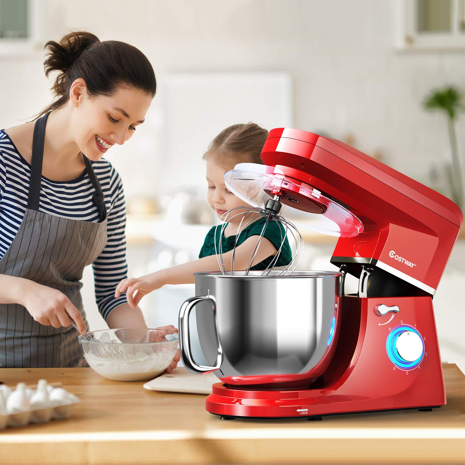 COSTWAY Stand Mixer, 7.5 Qt 6-speed 660W Tilt-Head Food Mixer with Pulse Function, Dough Hook, Whisk, Beater, Stainless Steel Bowl & Splash Guard (Red)