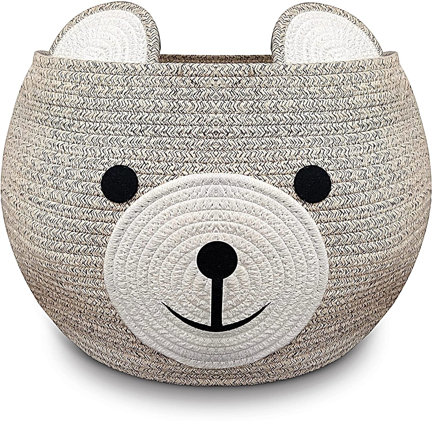 W Design Round Bear Toy Basket - Rope basket– Cute baby Laundry Basket Organizer for Toys, Blankets, Towels, Laundry, Baby Shower -19" W X 13" H SIZE XL Gift Baskets Empty -Mix brown Handmade