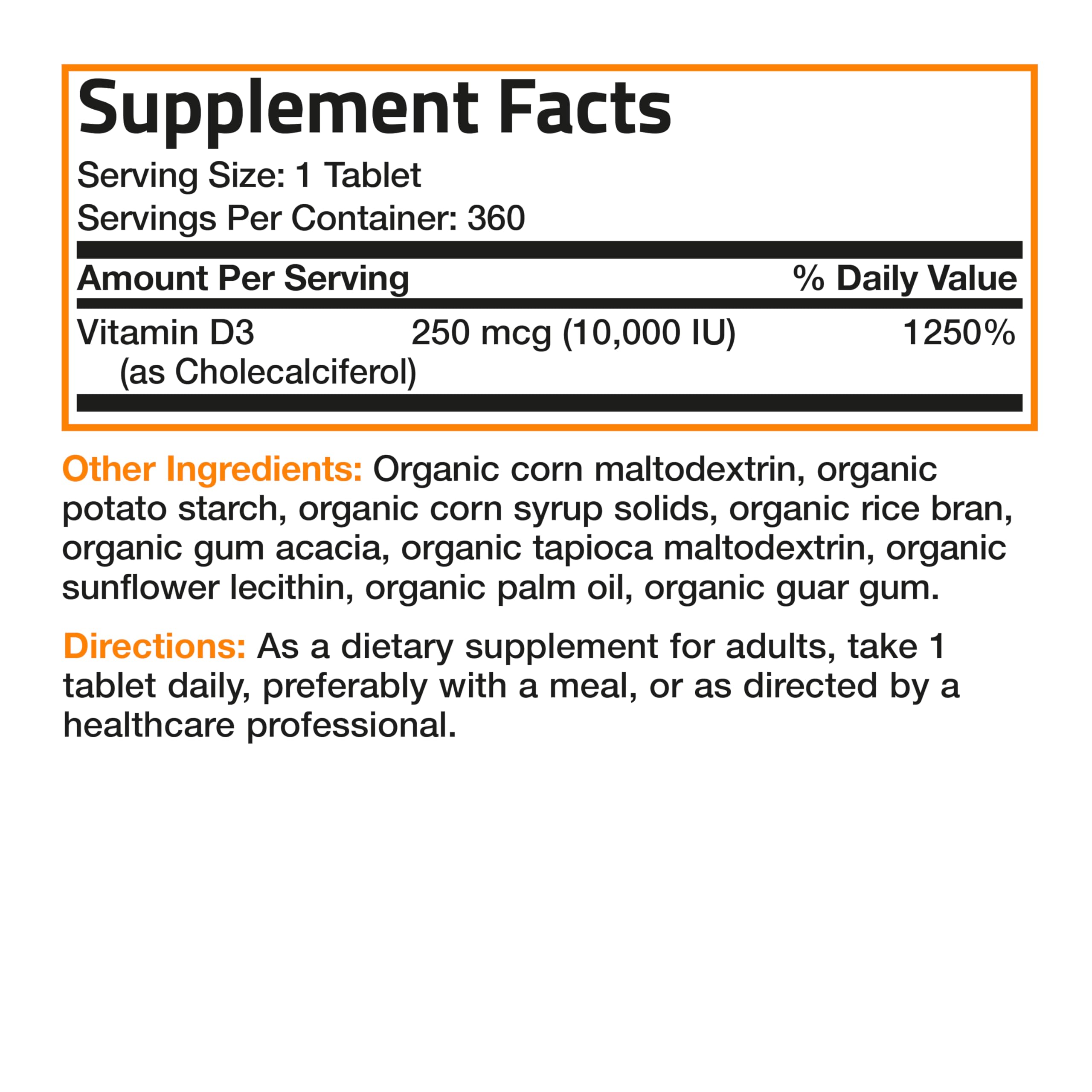 Bronson Vitamin D3 10,000 IU (250 mcg) Immune Support, Healthy Muscle Function & Bone Health, High Potency Organic Non-GMO Vitamin D Supplement, 360 Tablets