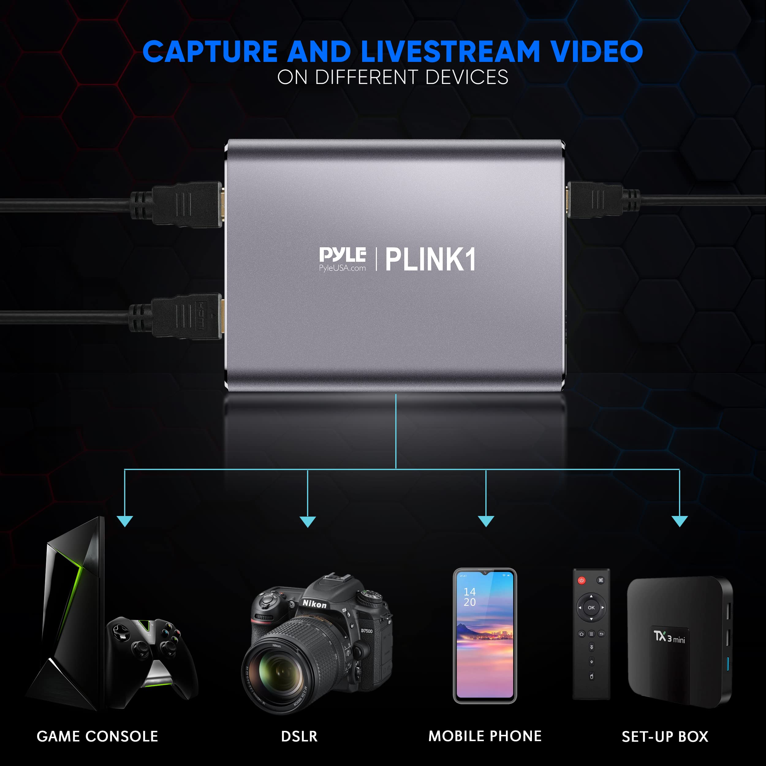 PyleUsa Capture Card - Full HD 1080p 4K HDMI-to-USB Audio-Video Via DSLR Camcorder Action Cam, Ultra Low Latency, Record to Computer for Gaming, Streaming, Conference or Live Broadcasting - PLINK1