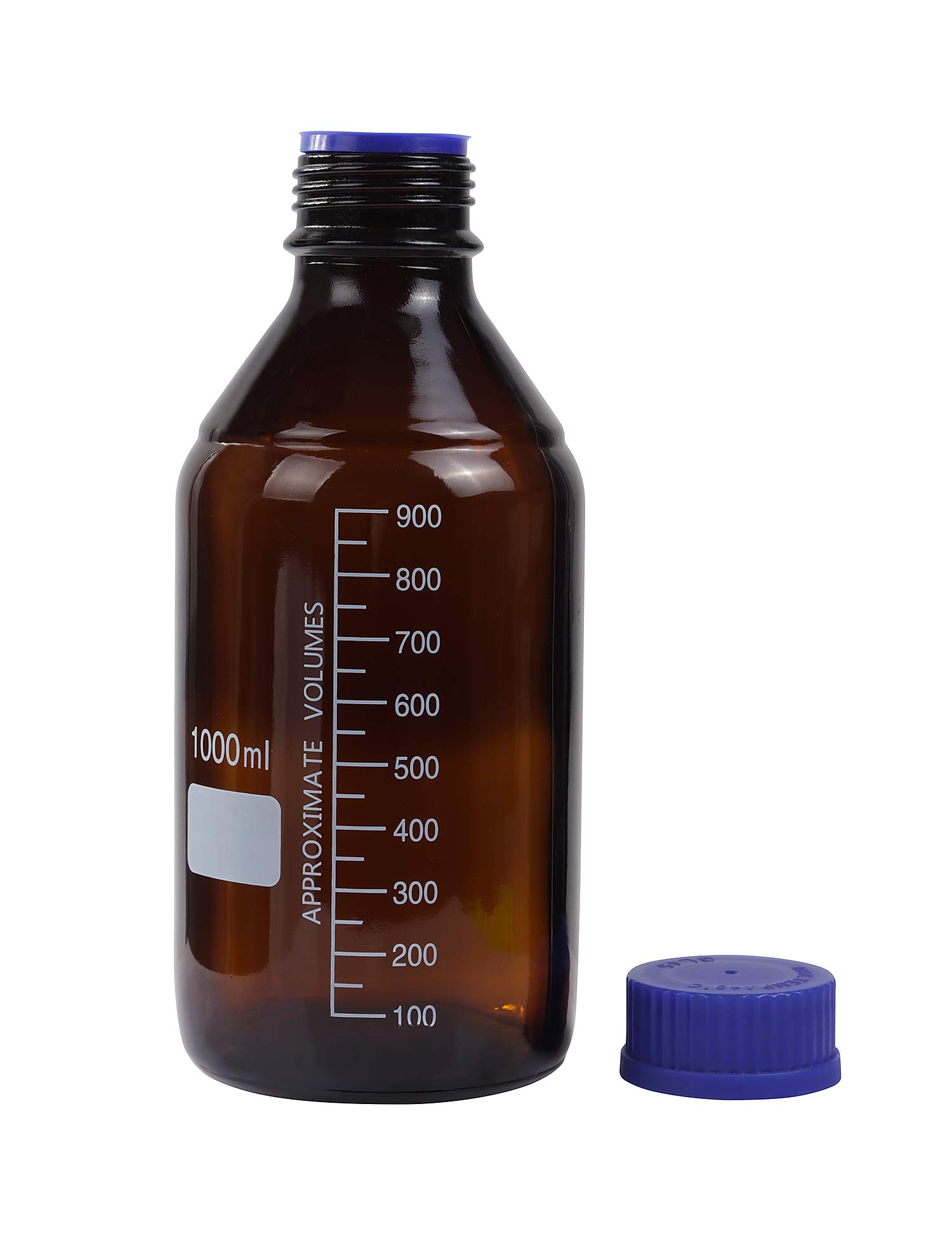 Moonetto 4 Pack 1000ml Amber Brown Glass Graduated Round Lab Bottles Autoclavable Reagent Media Storage Bottle With GL45 Blue Screw Cap