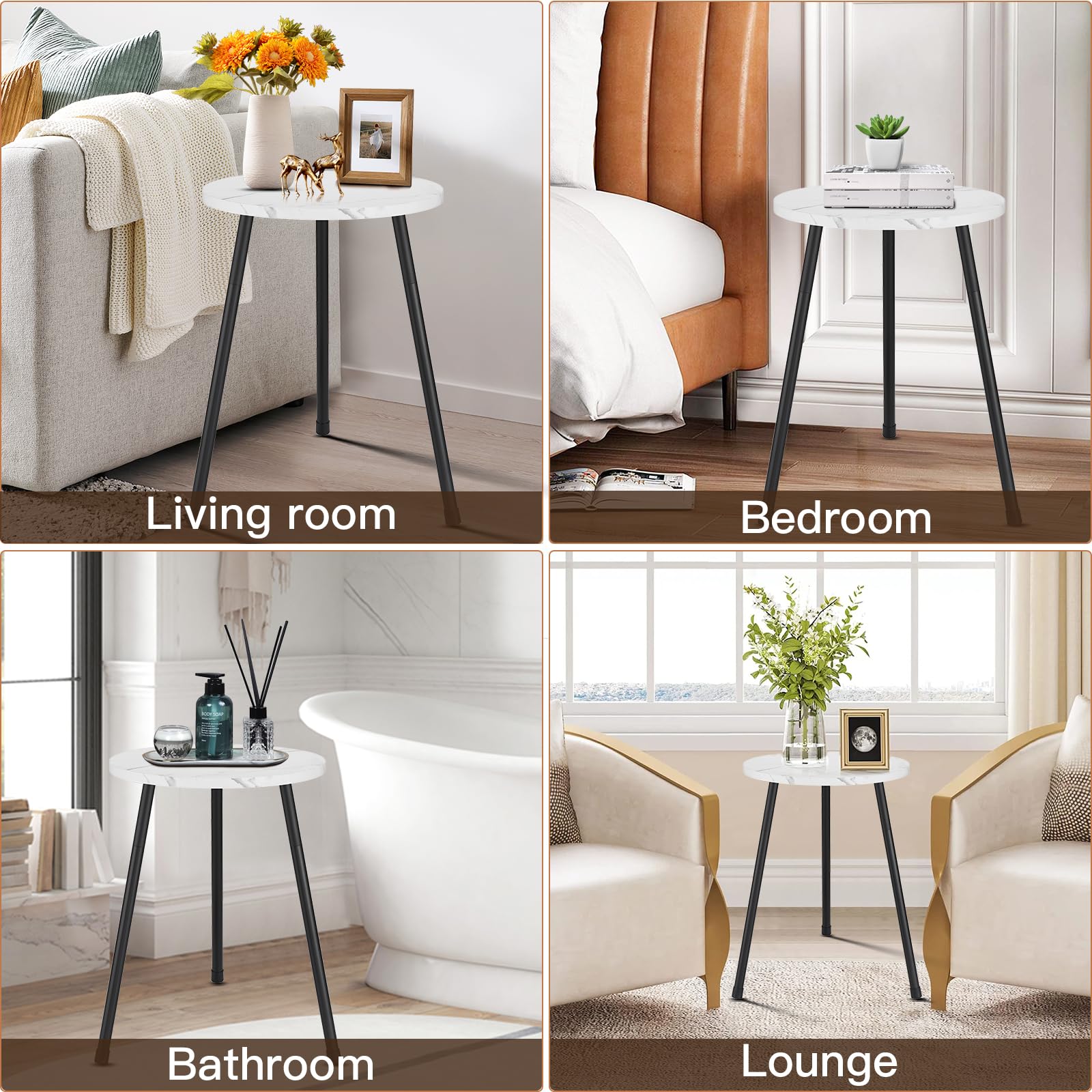 KINNARY Round Side Table Set of 2, Small Accent End Table for Living Room, Bedroom, Small Spaces, Height Adjustable Metal Legs, Nightstand Coffee Bedside Table for Office, Marble White