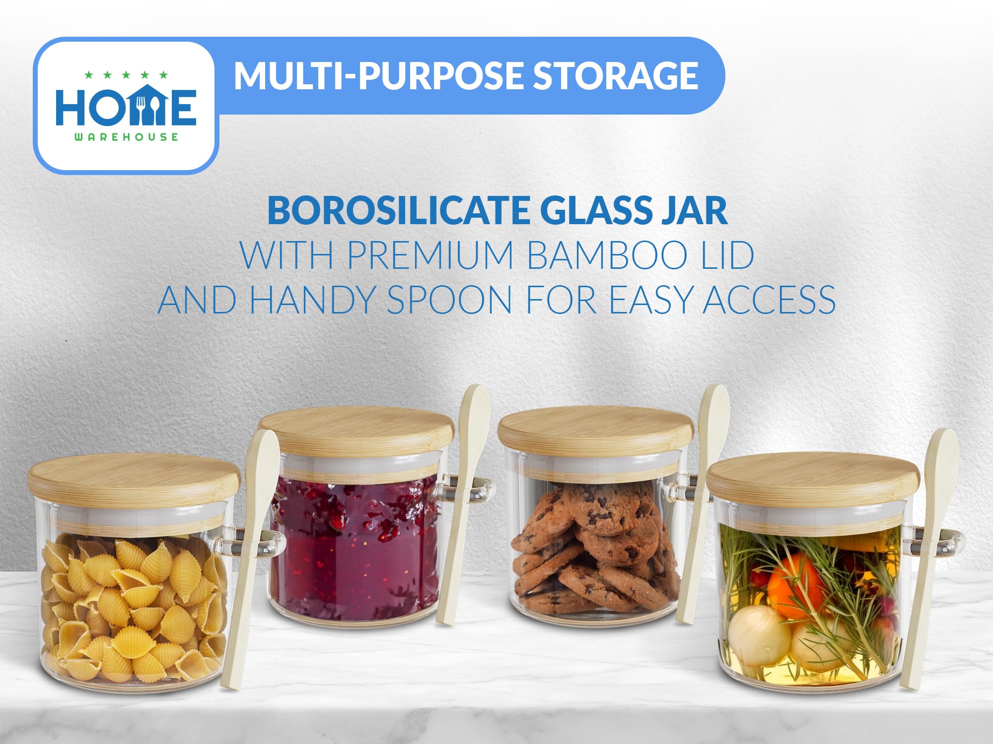 Home Warehouse - Borosilicate Glass Jar Storage with Bamboo Lid and Spoon | Easy to Clean | Premium Kitchen Organization Solutions | 500ml | 17 oz