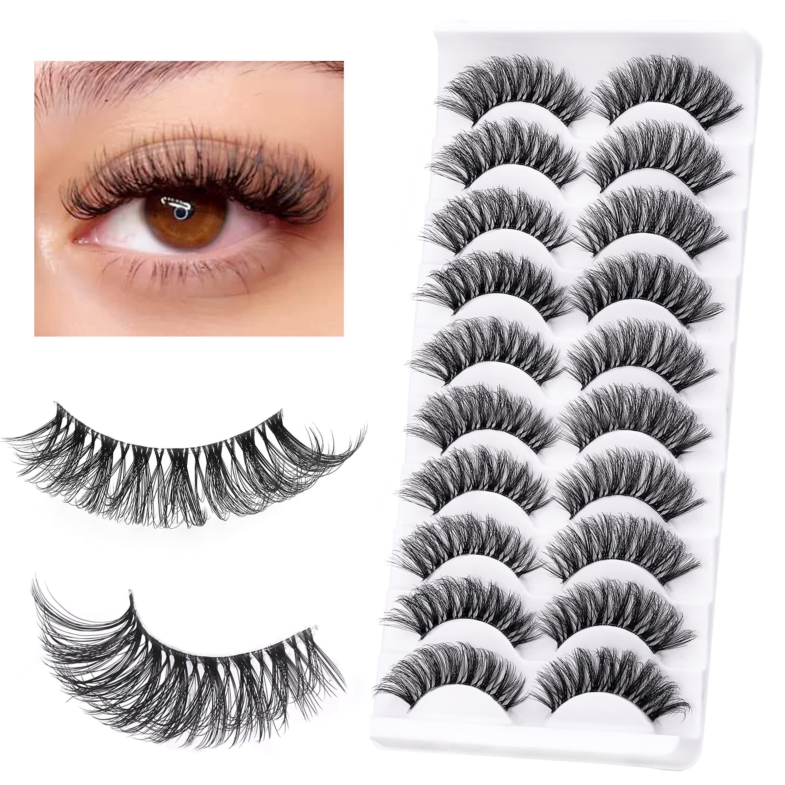 EXTENIFY Russian Strip Lashes Cat Eye Lashes Fluffy Faux Mink Clear Band, Long Dramatic Strip Lashes that Look Like Extensions, False Eyelashes Kit-10 Pairs (TE-04)