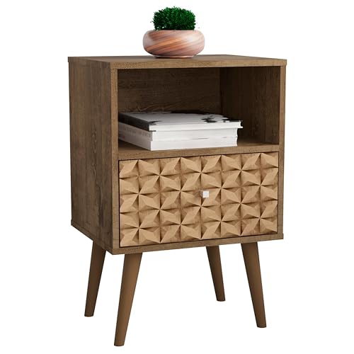 Manhattan Comfort Liberty Mid Century Modern Nightstand with Drawer and Cubby, Bedside Table for Bedroom and Living Room, Night Stand Accent Decor, Easy Assembly, Brown/Brown