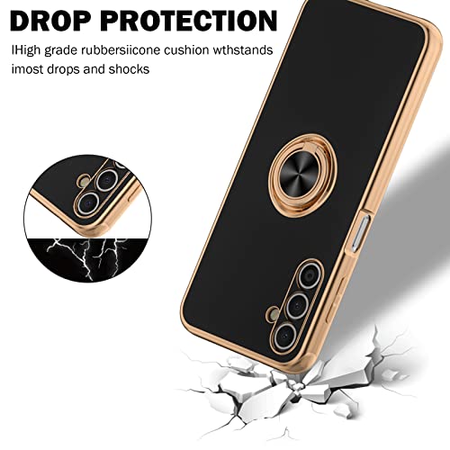Jasmeas Case Compatible with Samsung Galaxy A14 5G with 2 Screen Protector, with Ring Holder Plating Rose Gold Edge 360° Kickstand Cover Slim Soft Flexible TPU Protective Phone Cases for Women-Black