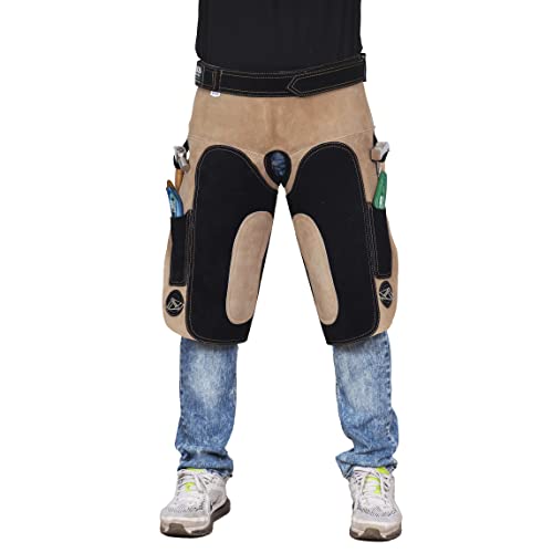 Rekhi International Professional Farrier Apron Chaps, Horse shoe, Leather for men, Black on Beige, 25'' inches 63 cm