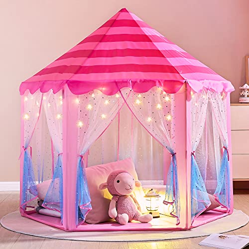 KIDAMI Princess Tent 55" x 53" Large Playhouse for Kids, Barbie Tent Pink Castle, Toddlers Play Tent with Star Lights and Carry Bag, Birthday Gifts and Toys for Girls Indoor and Outdoor