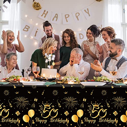 Remagr 3 Pack 50th Happy Birthday Tablecloth Disposable Plastic Table Cover Rectangular Black and Gold Cloths for Parties Decoration Supply Men Women Birthday, 54 x 108 Inch(50th), 54'' 108''