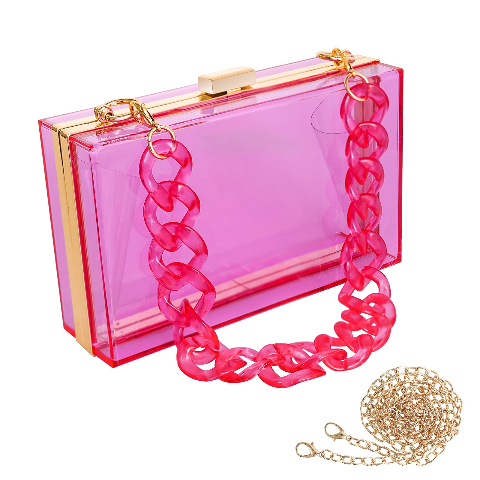 WJCD Women Clear Purse Acrylic Box Clutch Handbag, Small Transparent Crossbody Evening Bag Stadium Approved Gold Chain Strap (Purple 2 chains)