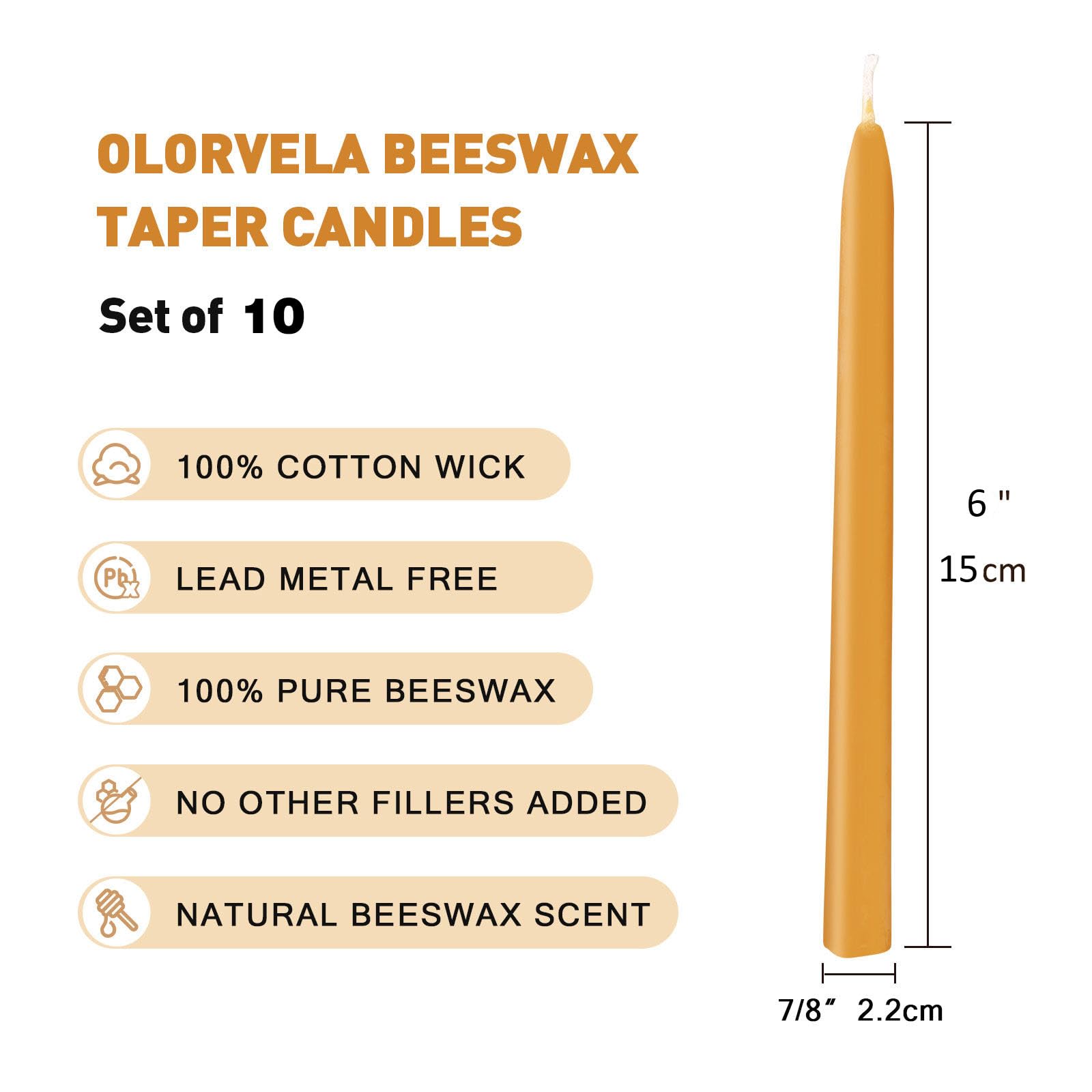 olorvela Beeswax Candles Beeswax Taper Candles Beeswax Candle Sticks 100% Pure Natural Bees Wax Candles for Home Each Burn 6Hrs, 6inch 10Pack