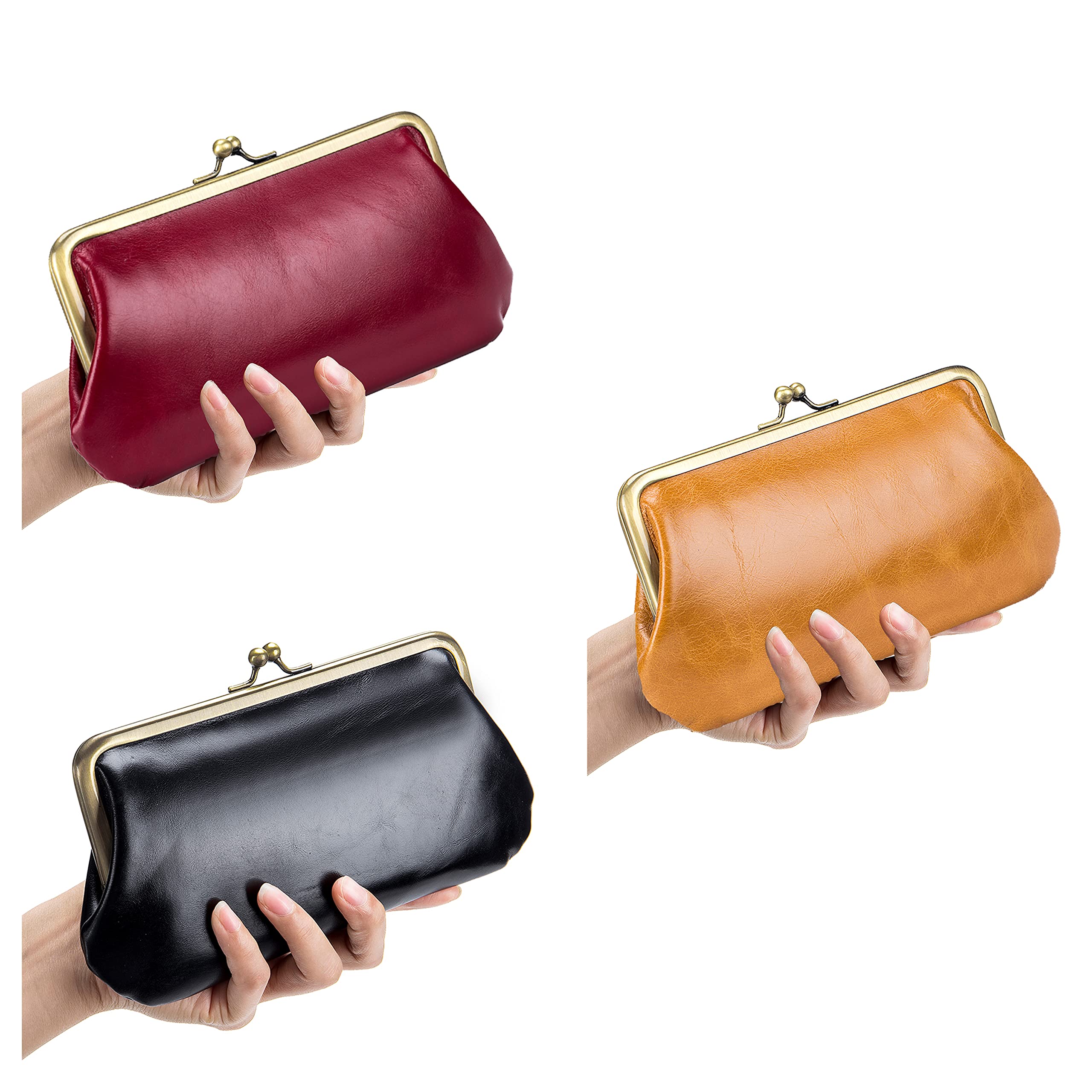 DORIS&JACKY Vintage Leather Clutch Purses for Women Small Evening Bag Wallet With Kiss Lock (3-Hot red)