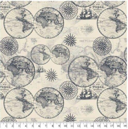 Map of The World Cotton Fabric by The Yard
