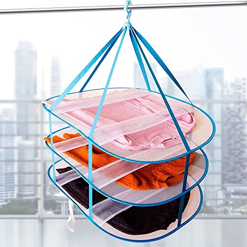 JWCBDY Large Size Sweater Hanging Dryer, 3 Tier Folding Drying Rack, Lay Flat to Dry Mesh Clothes Hanger for Sweater, Delicates and Swimsuit(30.3X24.4X30.7 in/1PCS)