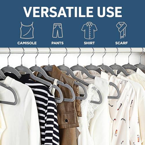 Lifemaster Velvet Non-Slip Hangers - 20 Pieces Non-Slip Coat Hanger Set with 360° Swivel Hook, Space-Saving, Sleek Design, Keep Closet Organized, Smooth Velvet Finish, Lightweight Construction - Gray