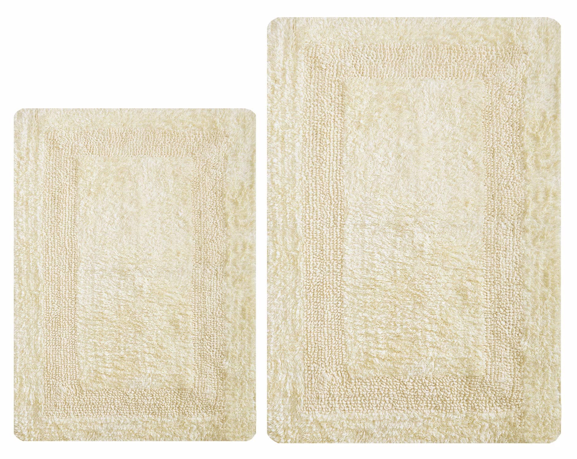 Cotton Bath Mat Rug 2 Piece Set - Light Yellow, Reversible Bathroom Rugs Soft & Absorbent Quick Dry Mats, Washable Plush Hotel Quality Tufted Mats for Shower, Bath Tub, Toilet - 21x34 & 17x24 Inches