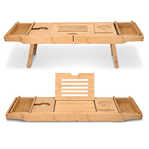 Navaris Bed and Bath Tray - Wooden Rack with Folding Legs - Bamboo Bathtub Caddy Bridge Shelf with Book or Tablet Stand - Natural Brown