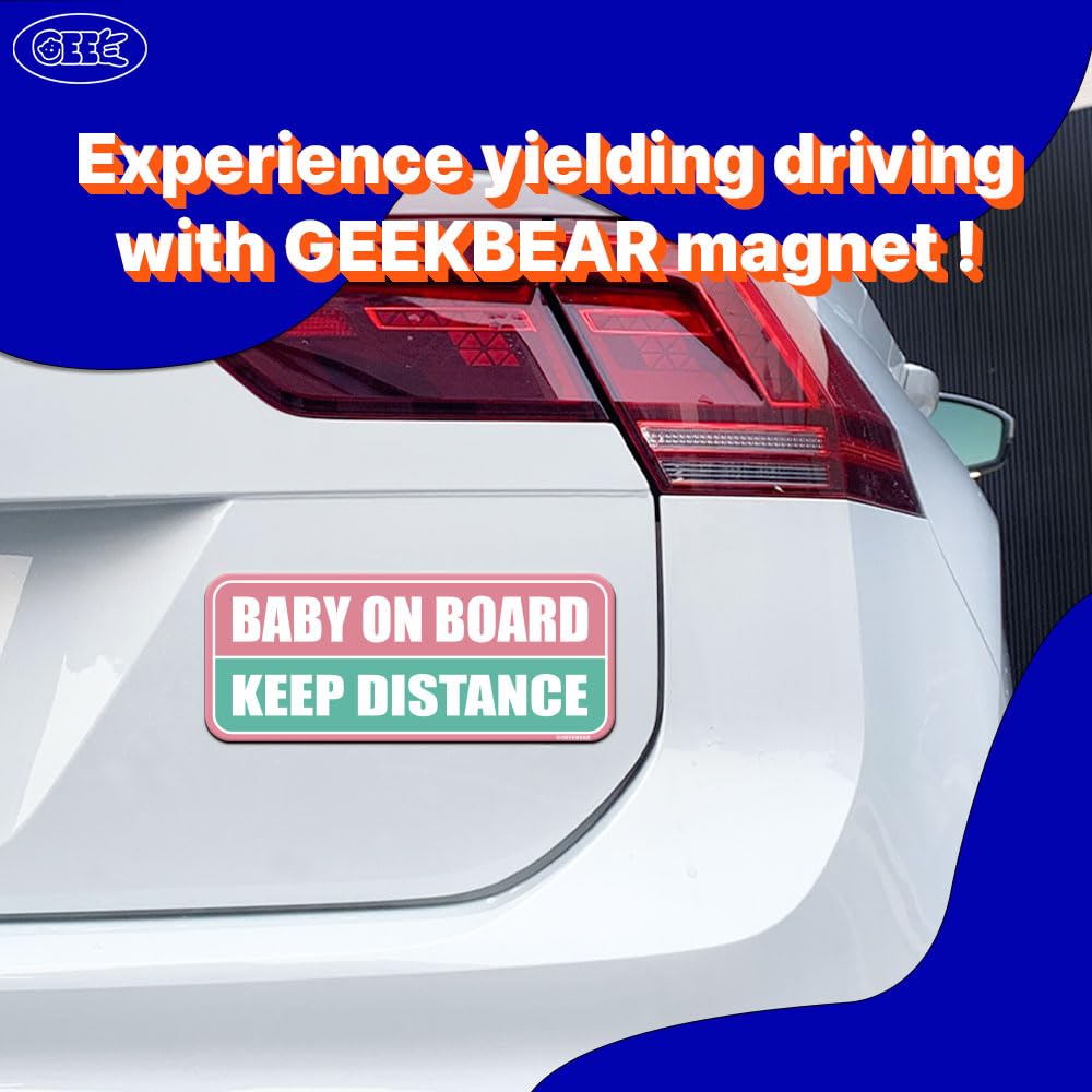 GEEKBEAR Baby on Board Car Magnet - Colorful, Reflective, Weather-Resistant - Rectangular 8.7 x 3.5 in (Light Pink/Turquoise)