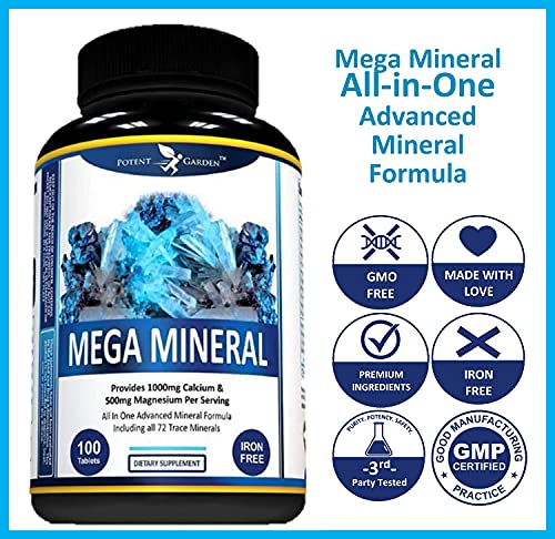 Potent Garden Mega Mineral Supplement Complete Mineral Complex with Calcium Magnesium Zinc Potassium Boron Selenium Chromium & 72 Trace Minerals Iron Free Calcium Supplement -100 Pills