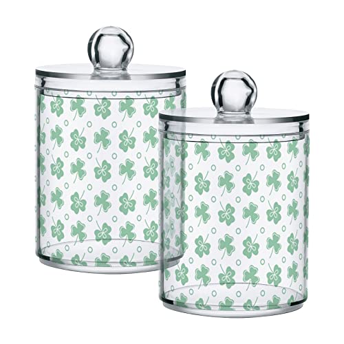 Kigai 2 Pack Apothecary Jars Saint Patrick's Day Clover Qtip Holder Organizer Clear Airtight Container for Cotton Swabs Food Storage 14oz Plastic Jars with Lids