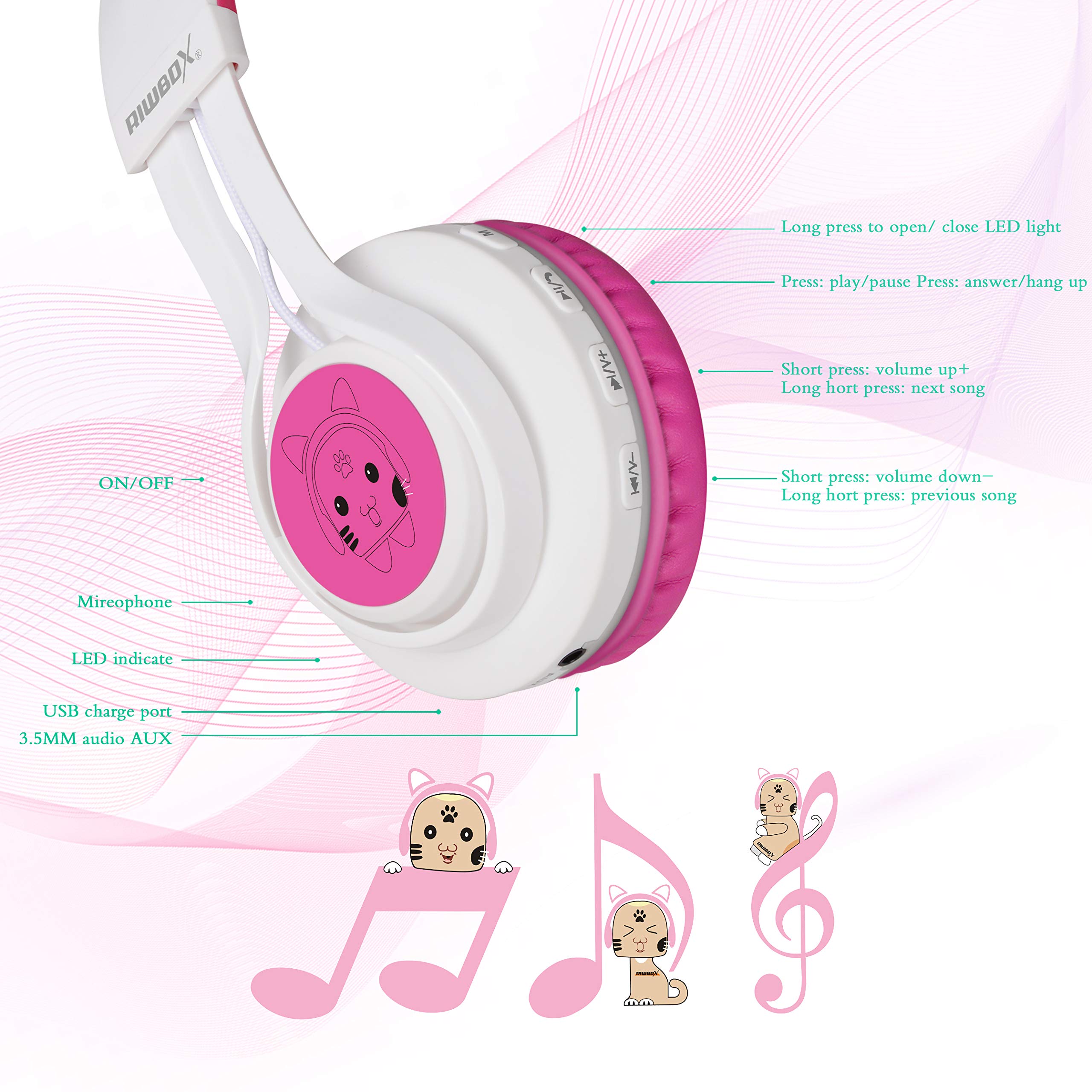 Riwbox CT-7 Cat Ear Bluetooth Headphones, LED Light Up Bluetooth Wireless Over Ear Headphones with Microphone and Volume Control for Travel/School/Smartphones/Laptop/PC/TV