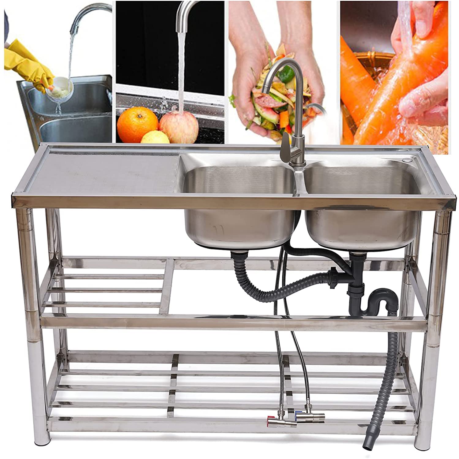 Commercial Restaurant Sink,Stainless Steel Utility Sink Free-standing Kitchen Sink,Double Bowl Kitchen Sinks with Strainer,304 Stainless Steel Freestanding Kitchen Sink