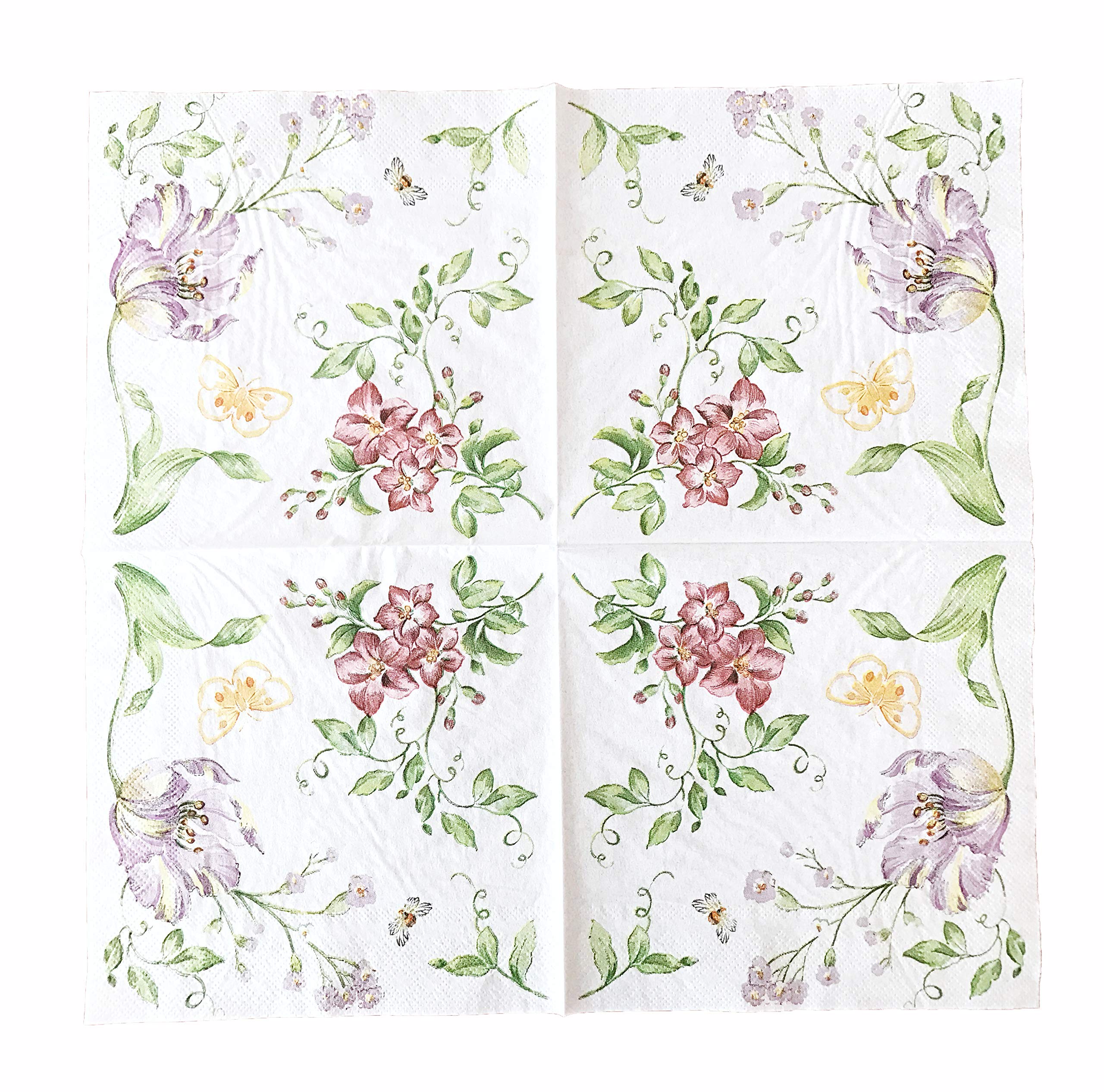 WallyE Decoupage Napkins, Flower and Butterfly Luncheon Napkins for Bridal Shower Tea Party or Wedding,20 Pack