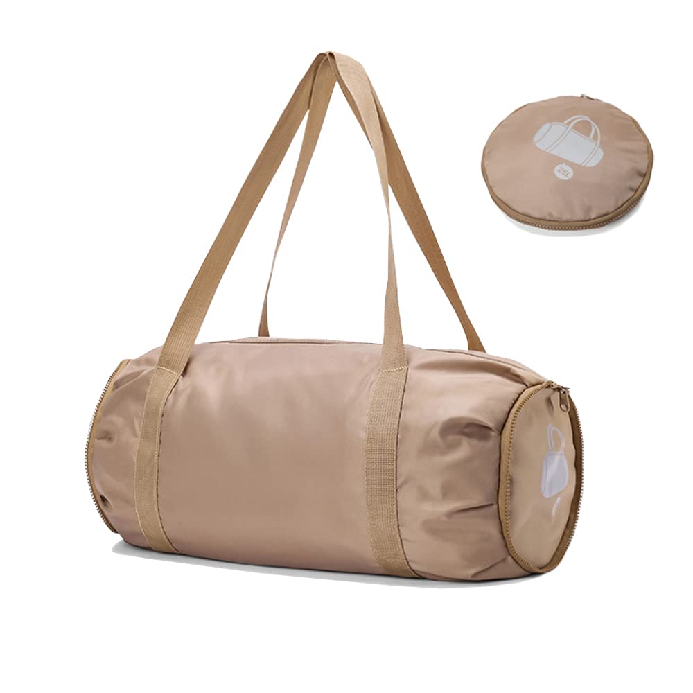 Double Layer Design Duffel Bag 19 Inches Foldable Small Gym Bag for Men Women Duffle Bag Lightweight with Inner Pocket for Travel Sports (Light Coffee)