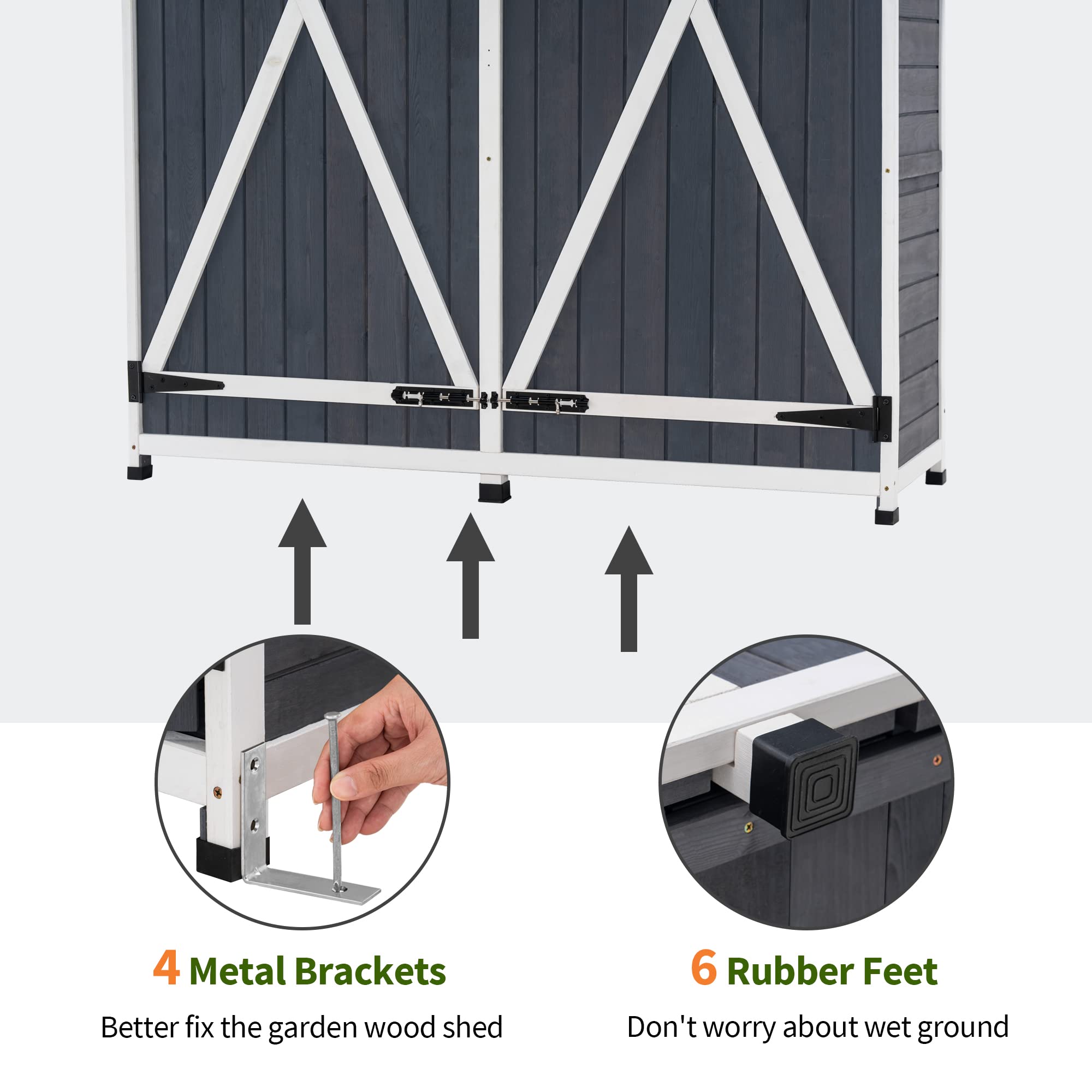 MCombo Storage Shed Backyard Utility Tools Organizer Outdoor Wooden Garden Racks Shelves with Lockers 2 Doors Home Furniture 6056-1400(Grey)