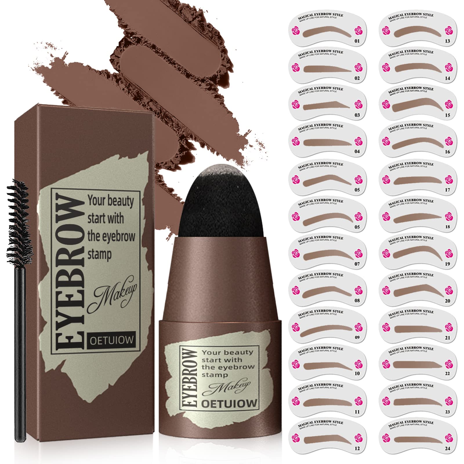 Eyebrow Stamp Stencil Kit - 1 Step Eye Brow Stencil Kit for Beginners, Brow Stencil and Stamp Kit Long-lasting, Smudge-Proof & Waterproof, 24 Reusable Eyebrow Stencils for Perfect Brow (Dark Brown)