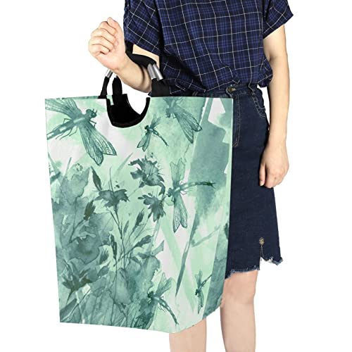 Kigai Beautiful Watercolor Dragonfly Large Laundry Basket, Collapsible Laundry Hamper with Handle, 22L Foldable Laundry Bag for Dirty Clothes