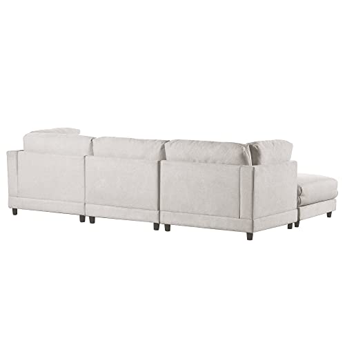 JULYFOX Beige Sectional Sofa w/Chaise, 110 in Wide Overstuffed L-Shaped 3-seat Corner Couch Sofa with Reversible Ottoman Chaise Lounger Lumber Support Pillow Fabric for Living Room