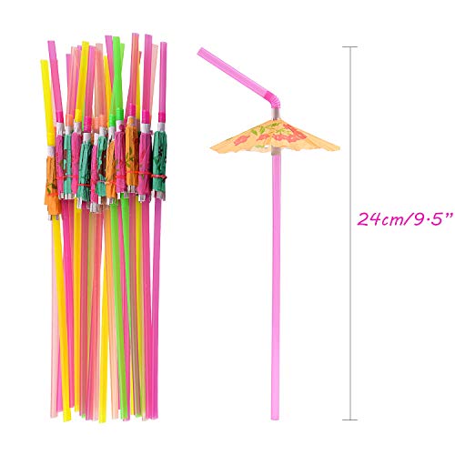 FEPITO 58 PCS Umbrella Drinking Straws Reusable,Parasol Bendy Reusable Drinking Straws for Hawaiian Beach Cocktail Luau Tropical Party Decorations Supplies