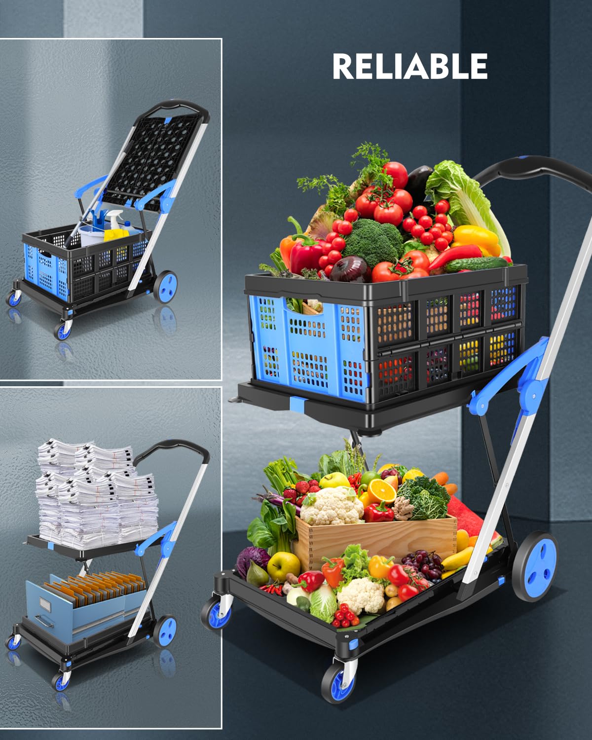 Collapsible Utility Cart Multi Use Functional Collapsible Shopping Carts 2-Tier Collapsible Shopping Cart with Baskets Carrito para Supermercado con Ruedas