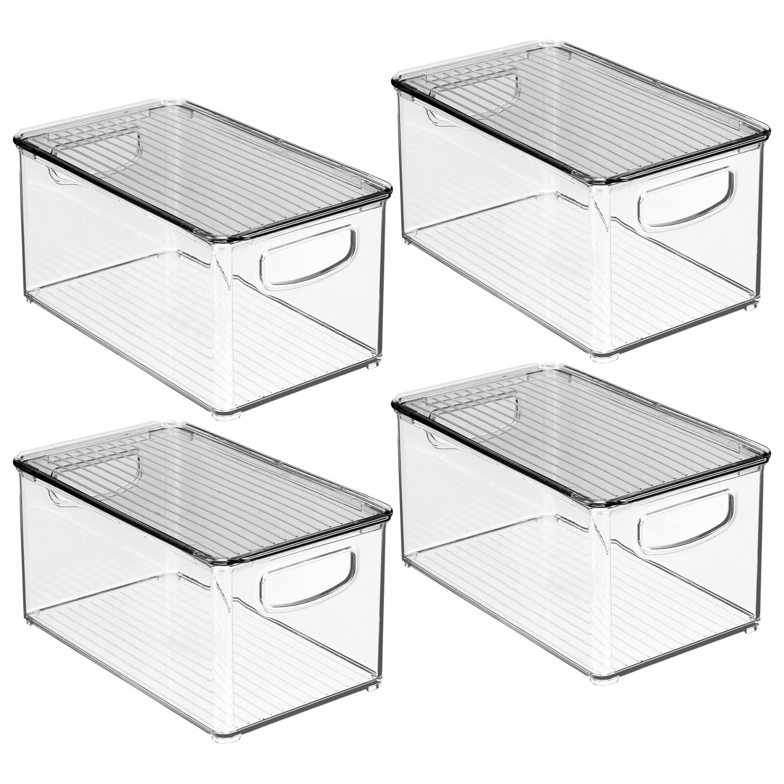 mDesign Deep Plastic Bathroom Storage Bin Box, Lid/Built-In Handles, Organization for Makeup, Hair Styling Tools, Toiletry Accessories in Cabinet, Shelves, Ligne Collection, 4 Pack, Clear/Smoke Gray