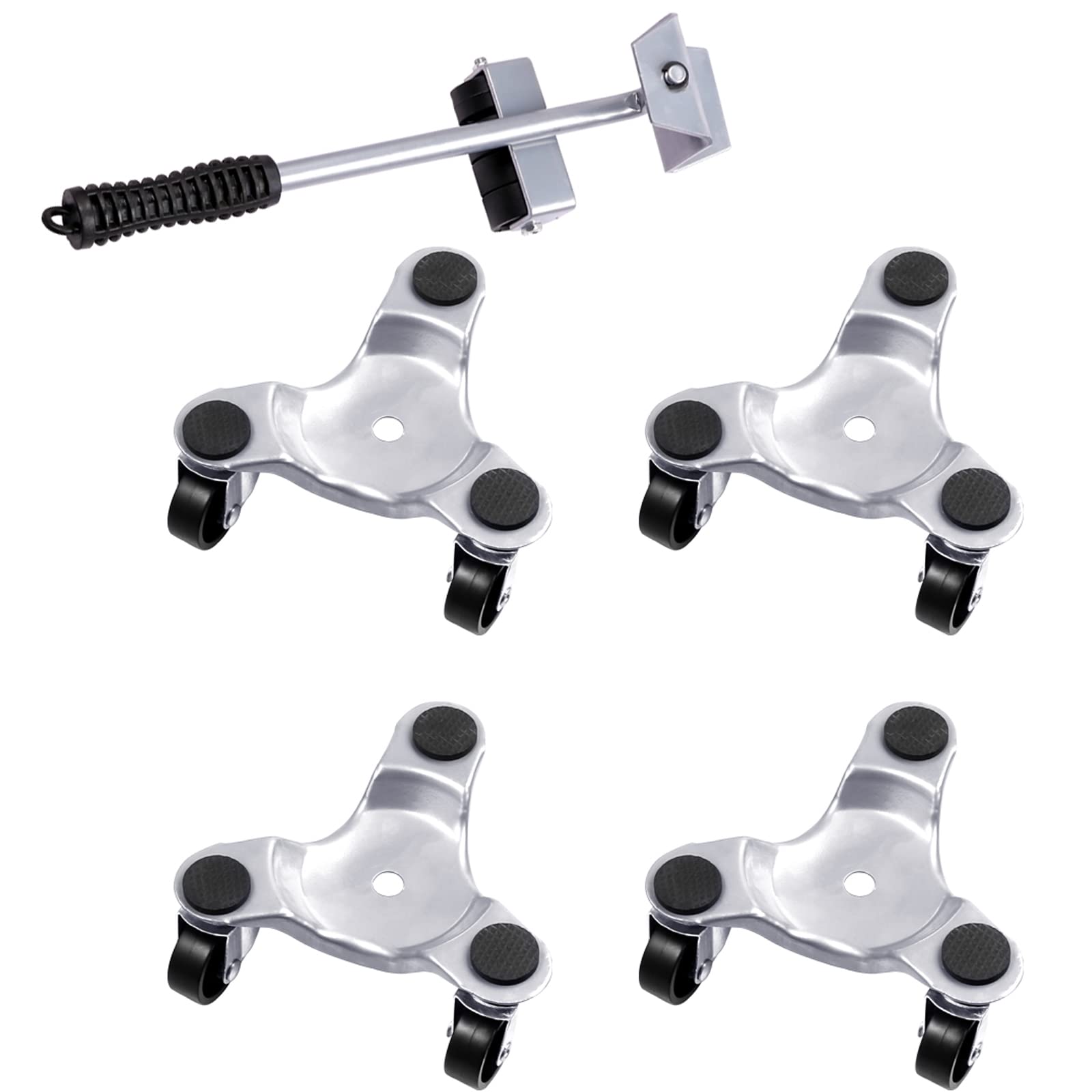 Ganggend 6 Inch Furniture Dolly Set 4 Pack, 330lbs Load Capacity Each Pack Steel Tri Dolly Furniture Lifter, Mover Dolly 3 Wheels Heavy Duty for Moving Cabinet, Furniture, Appliances, Silver