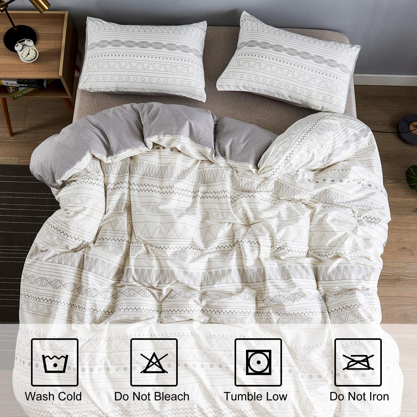 WARMDERN Grey Stripe Boho Duvet Cover Set Queen, 3pcs Ultra Soft Breathable Aztec Cotton Comforter Cover with Zipper Ties, 1 Bohemian White Duvet Cover & 2 Pillowcase(Queen,Grey)