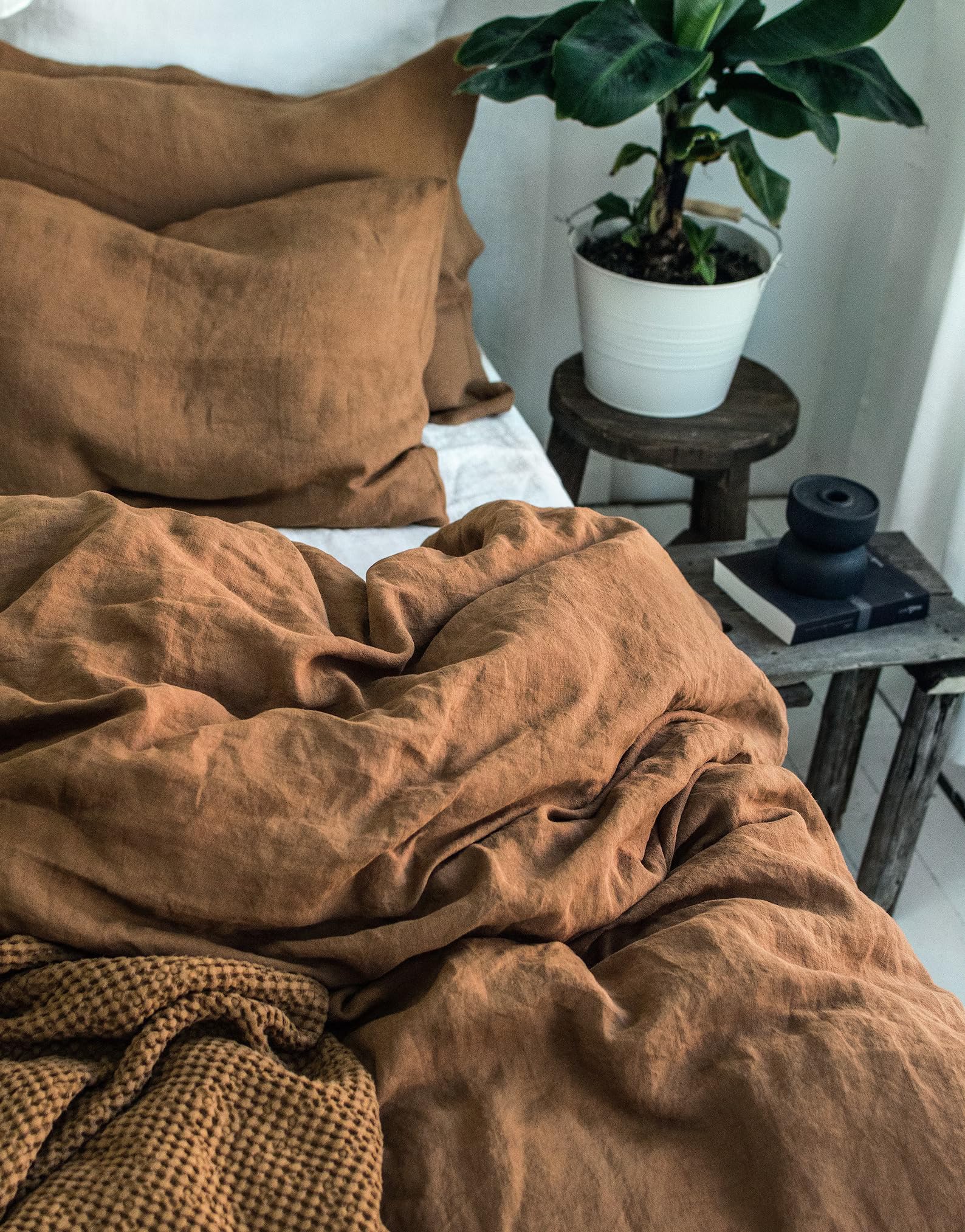 Linen Bedding Set in Tobacco, Duvet Cover and 2 Pillowcases Set, King, Queen, Twin, Full, Double, Single Size, Tobacco Brown Linen Bedding (King-90X104)