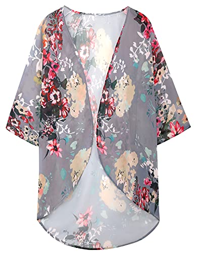 Women's Floral Print Puff Sleeve Kimono Cardigan Loose Cover Up Casual Blouse Tops (Dark Grey, XL)