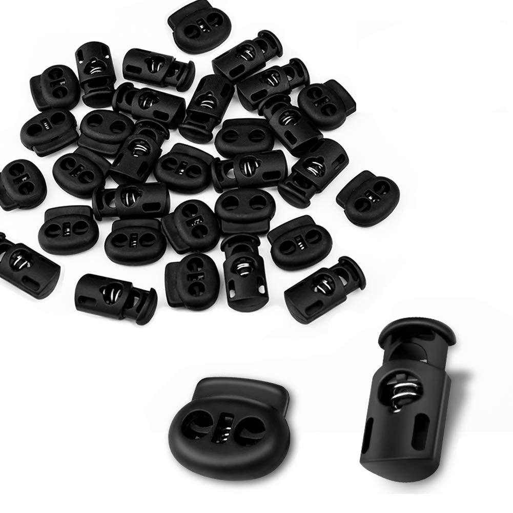 CousDUoBe 30 Pcs Plastic Cord Locks End Spring Stopper,Suit for Drawstrings, Bags, Shoelaces, Clothing, More (15 Double-Hole, 15 Single-Hole, Black