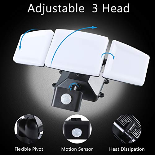 Ganiude 35W Plug in Flood Light Outdoor, Motion Sensor Plug in LED Security Light with Remote Control, Dusk to Dawn, 3 Head, 3500LM, 5000K, IP65 Waterproof Exterior Light for Porch, Garage, Yard