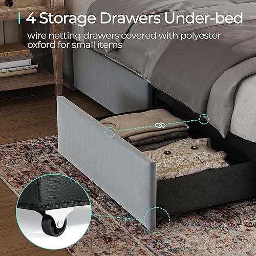 LINSY Queen Bed Frame with 4 Drawers, Velvet Upholstered Platform Bed with Button Tufted Headboard & Wingback, LED Lights, Type-C Chargers, No Need Box Spring, Light Grey