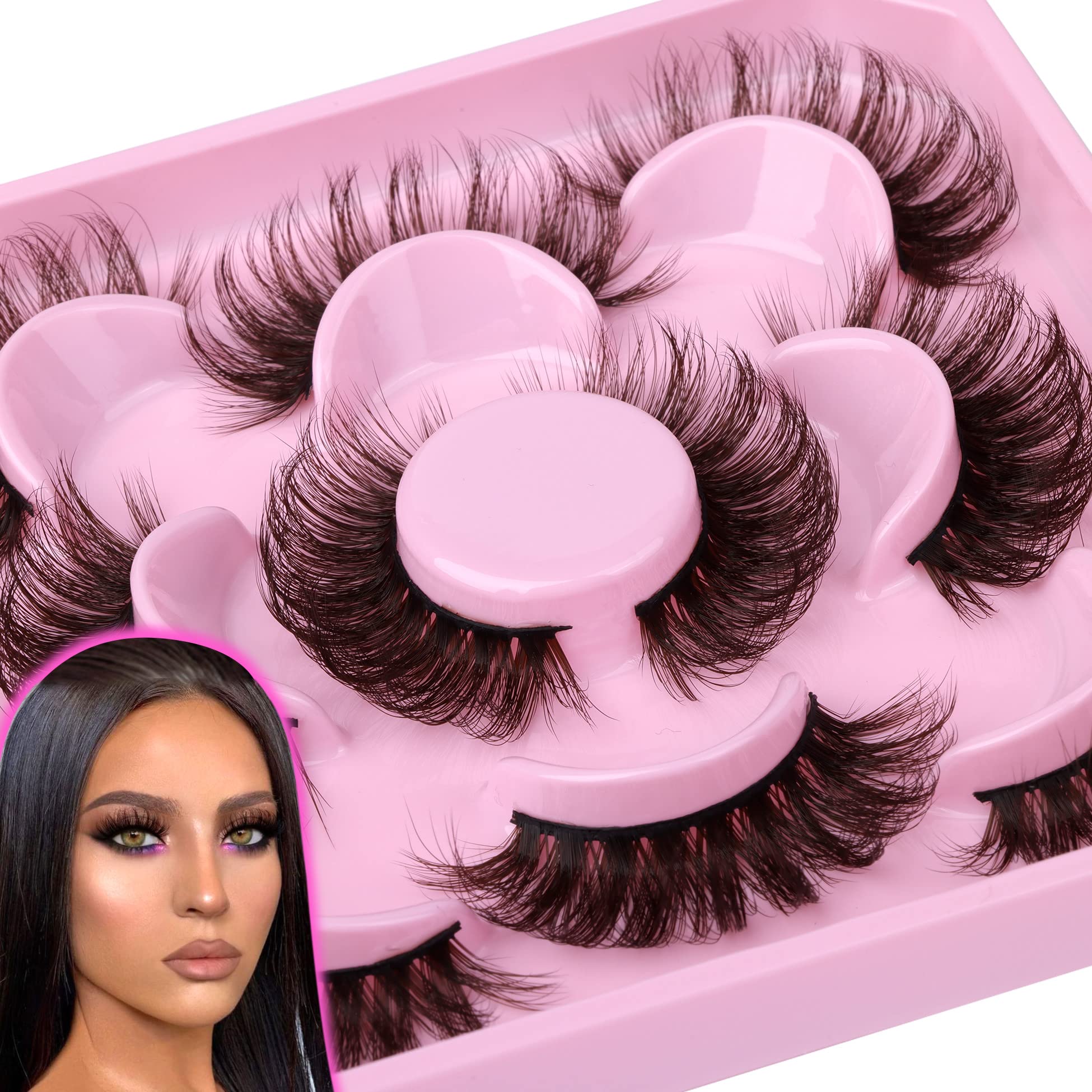 Eyelashes Russian Strip Lashes Mink Natural Eyelashes Fluffy Volume Colored Brown Lashes False Eyelashes 20mm Long Soft D Curl Lashes Pack by Newcally