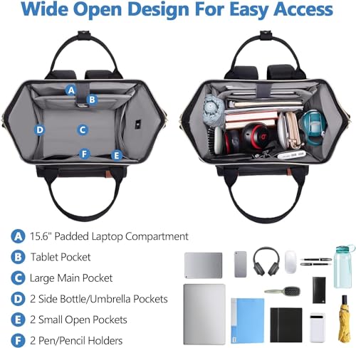 kasibon17.3 inch Laptop Backpack for Women, Large Wide Top Open Travel Backpack Work Bag Water Resistant Anti Theft Backpack with Charging Port
