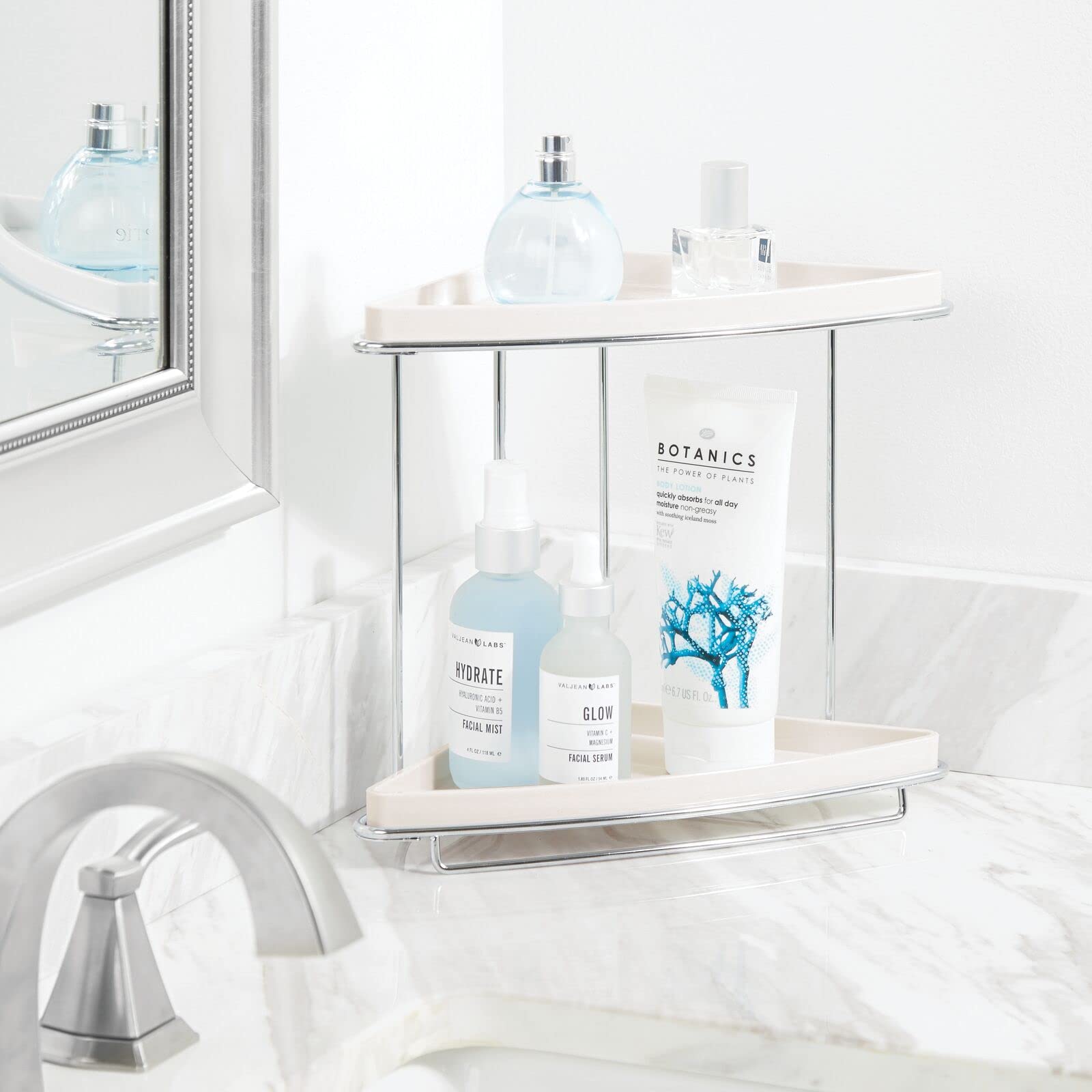 mDesign Steel/Plastic Freestanding Countertop Corner Shelf Organizer with 2-Tier Storage for Bathroom, Vanity, Cabinet, Counter - Holds Makeup, Bath Gel - Prism Collection - Cream