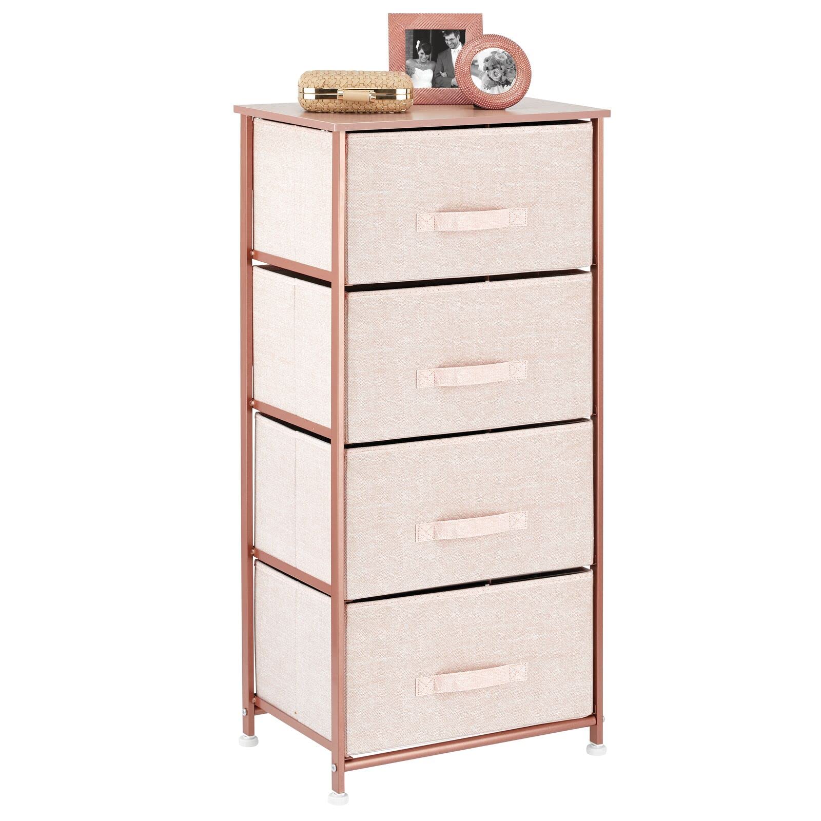 mDesign Tall Dresser Storage Tower Stand with 4 Removable Fabric Drawers - Steel Frame, Wood Top Organizer for Bedroom, Entryway, Closet - Lido Collection - Light Pink/Rose Gold