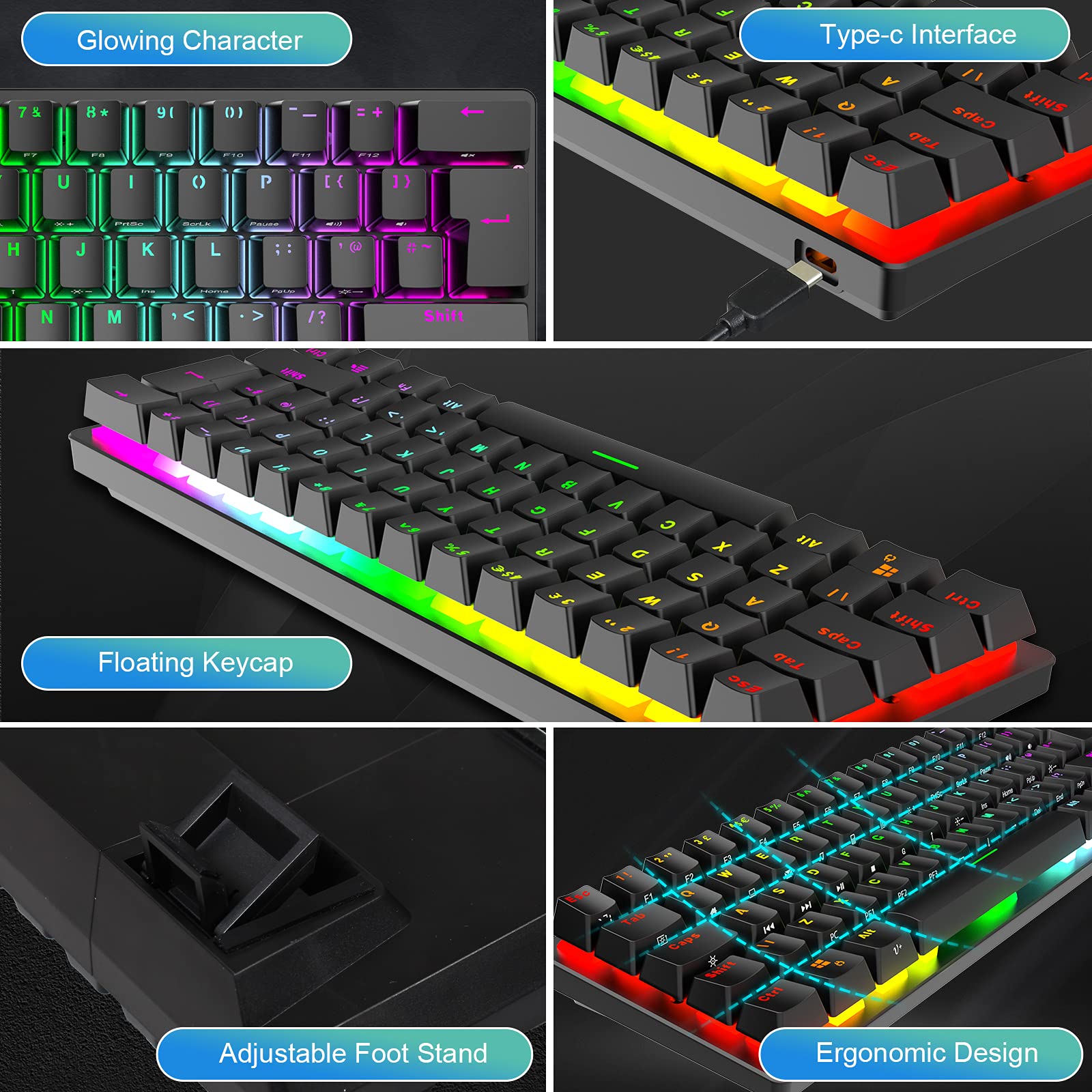 Compact 60% Mechanical Gaming Keyboard with Ergonomic Anti-ghosting Mini 61 Key Layout Rainbow RGB Backlight Waterproof Metal Plate Type-C USB Wired for PC Mac Gamer Office Typist (Black/Brown Switch)