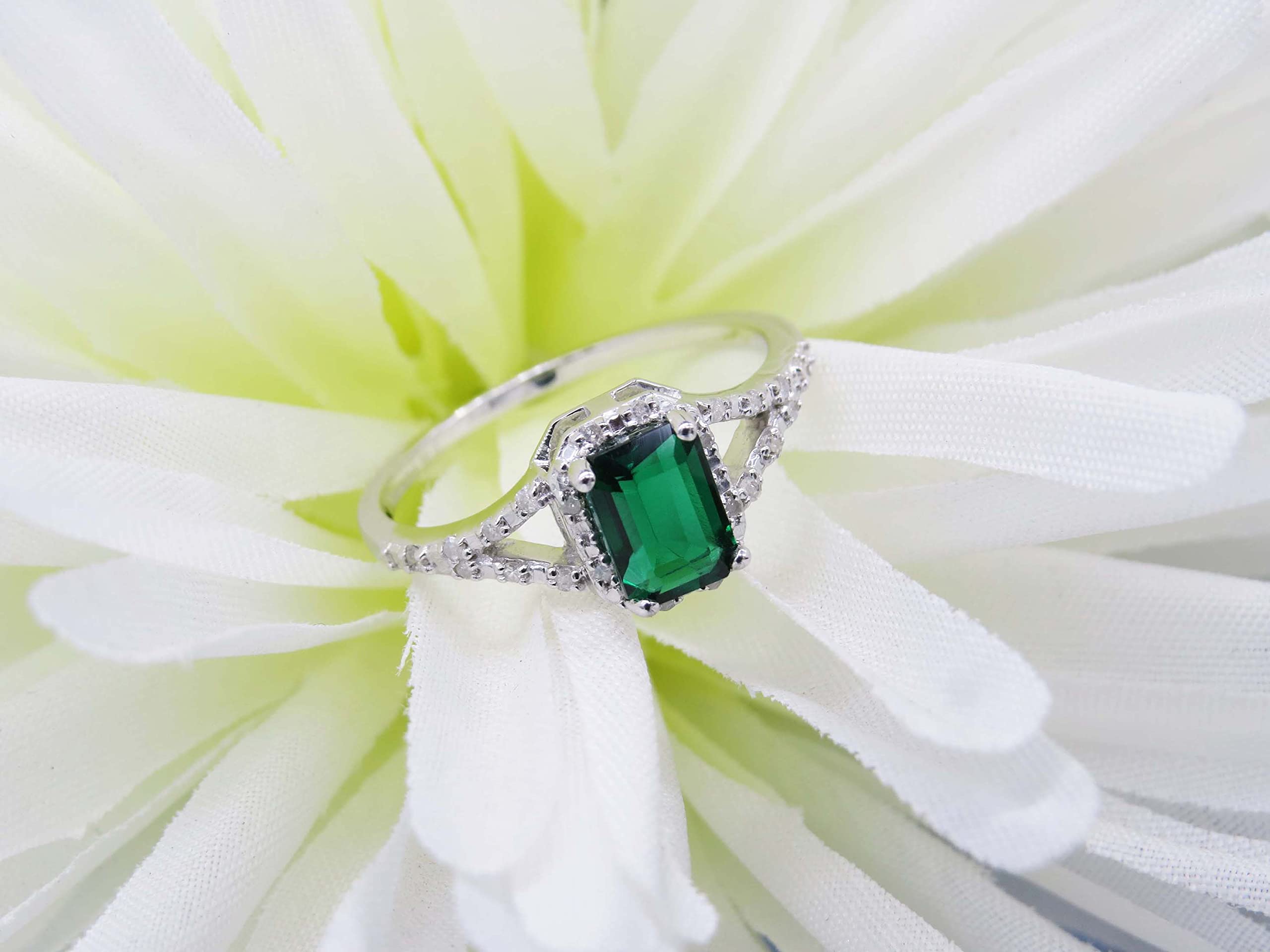 Dazzlingrock Collection 7x5mm Lab Created Emerald & Round White Diamond Halo Split Shank Engagement Ring for Women in 925 Sterling Silver Size 5.5
